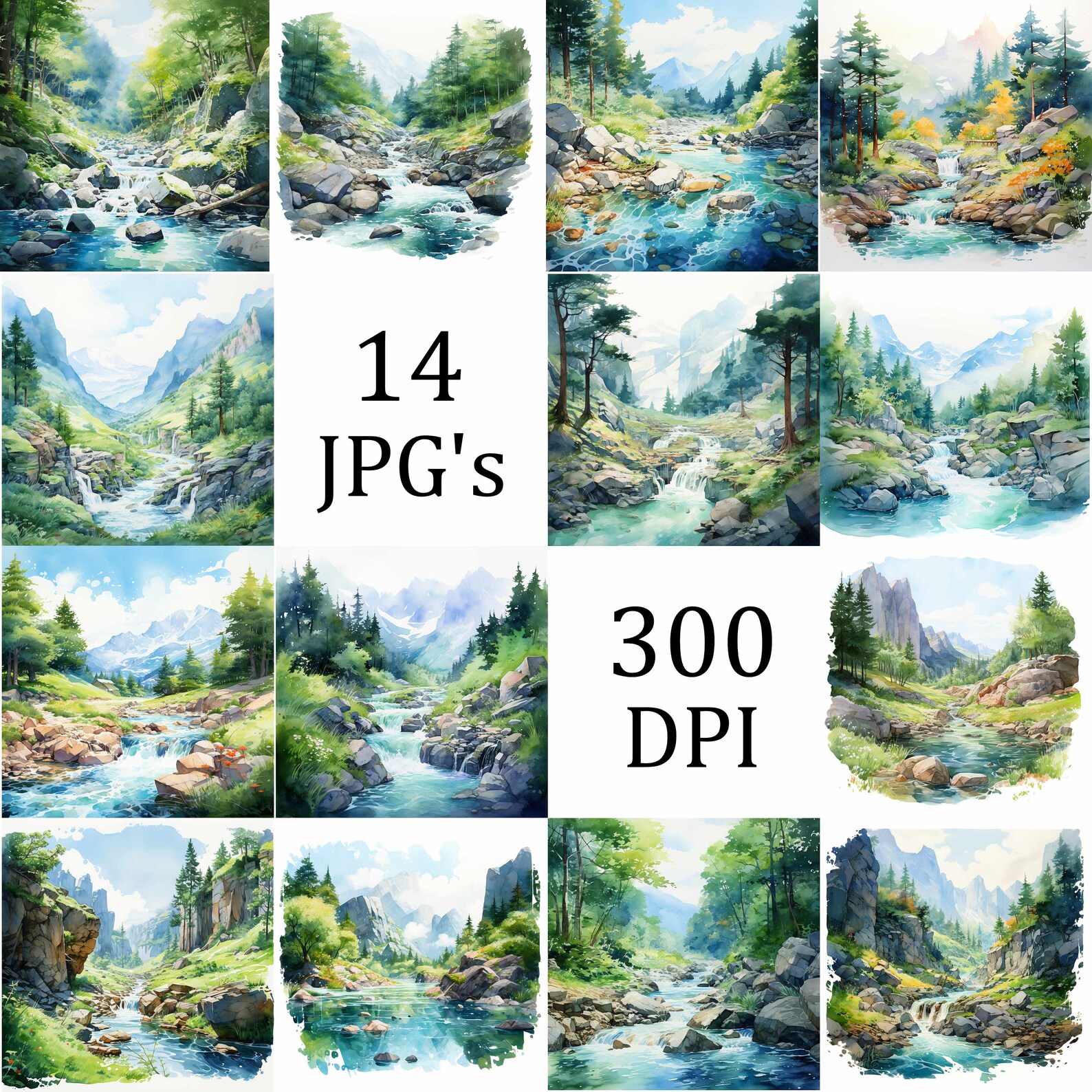 14 Mountain Streams in Woods Clipart Bundle, High-quality JPG ...