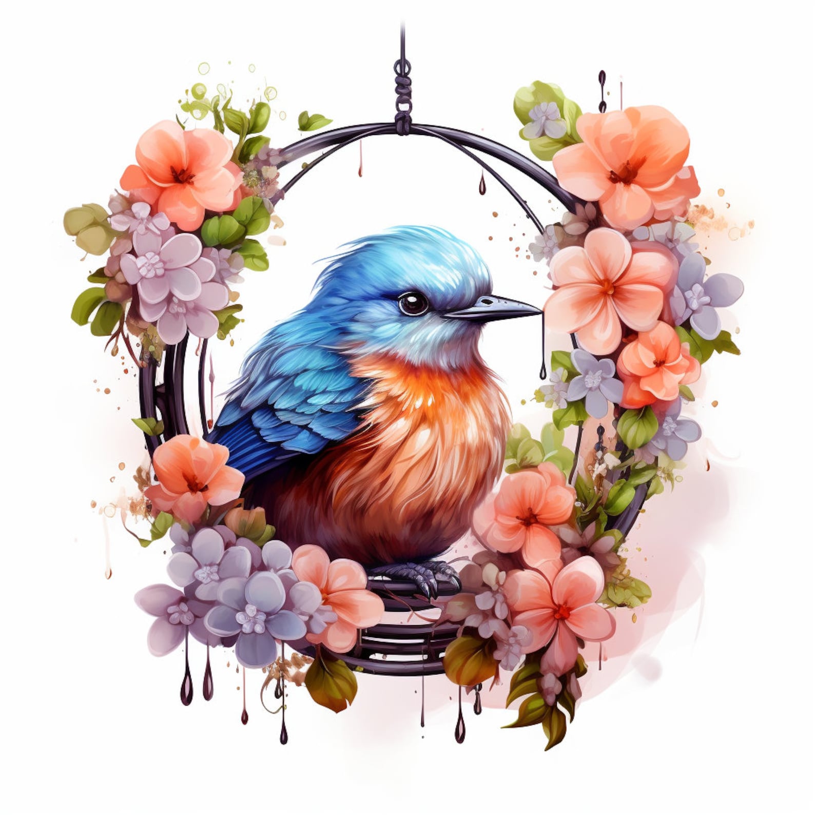 Bird on Swing With Spring Flowers Clipart Bundle, High-quality JPG ...