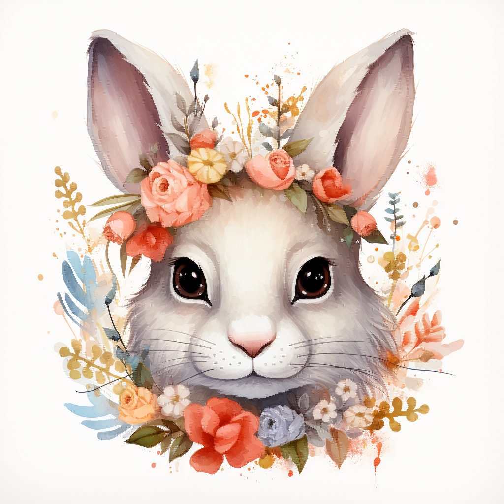 Boho Easter Bunny W Flowers Clipart Bundle, High-quality JPG, Craft Art ...