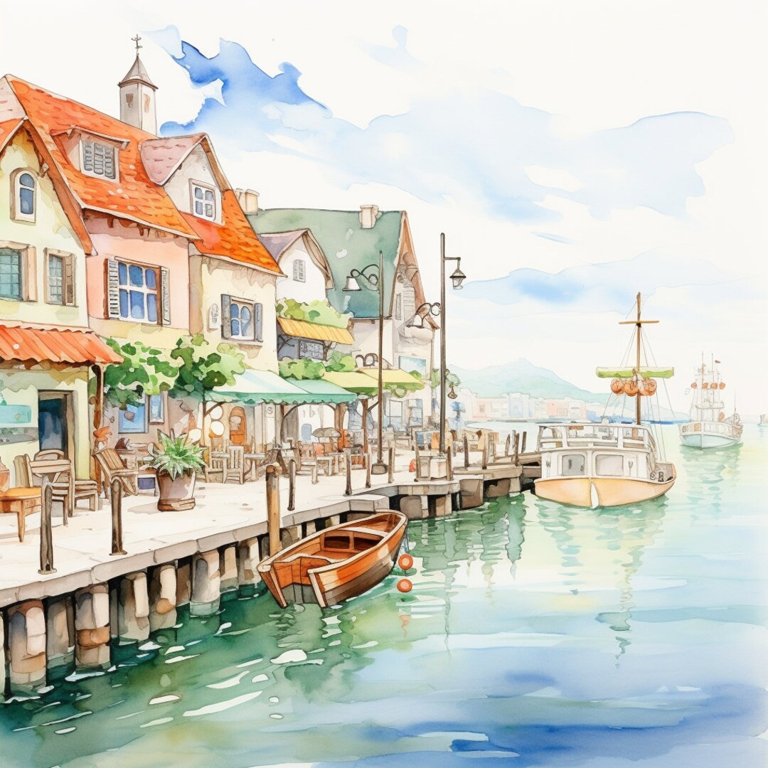 14 Dock Restaurant at Harbor Clipart Bundle, High-quality JPG, Landscape, Card Making, Clip Art ...