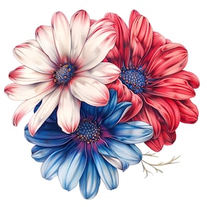 Vibrant 4th Red White Blue Flower Clipart Bundle, 16 High-quality JPG ...