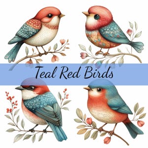 Red Teal Blue Bird Clipart Bundle, 16 High-quality JPG, Craft Art, Card ...
