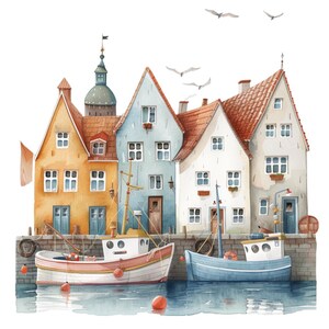 16 Folk Art Harbor Boats Houses Clipart Bundle, 16 High-quality JPG ...