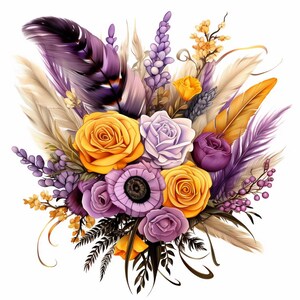 14 Boho Feather Flower Bouquet Clipart Bundle, High-quality JPG, Card ...