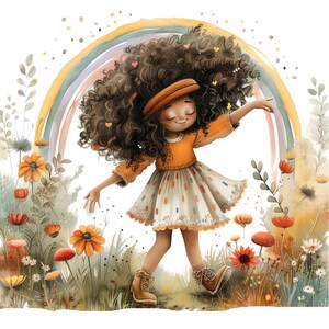 Boho Girl Dancing in Flower Meadow Clipart Bundle, 16 High-quality JPG ...
