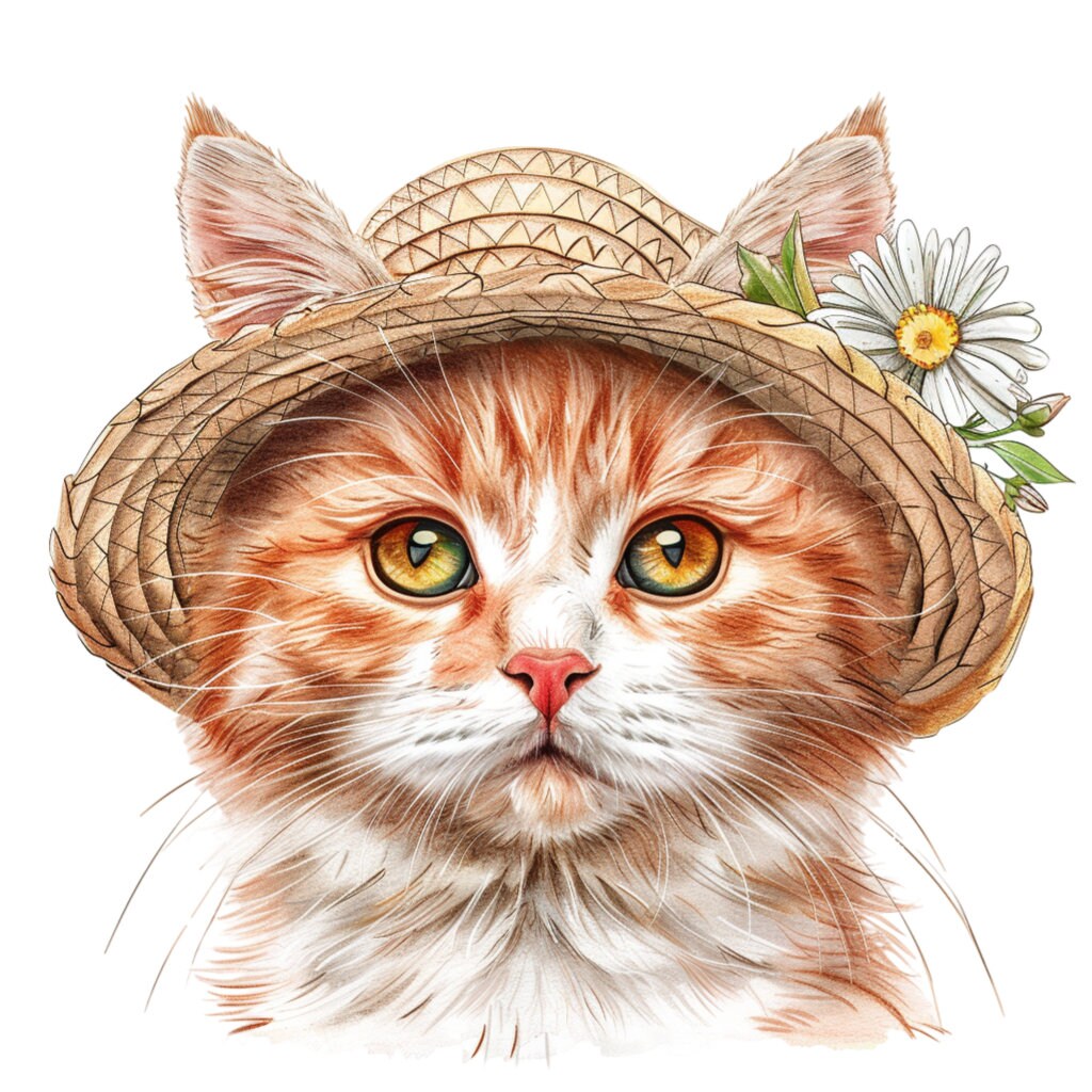 Cat With Straw Hat and Flowers Clipart Bundle, 16 High-quality JPG ...
