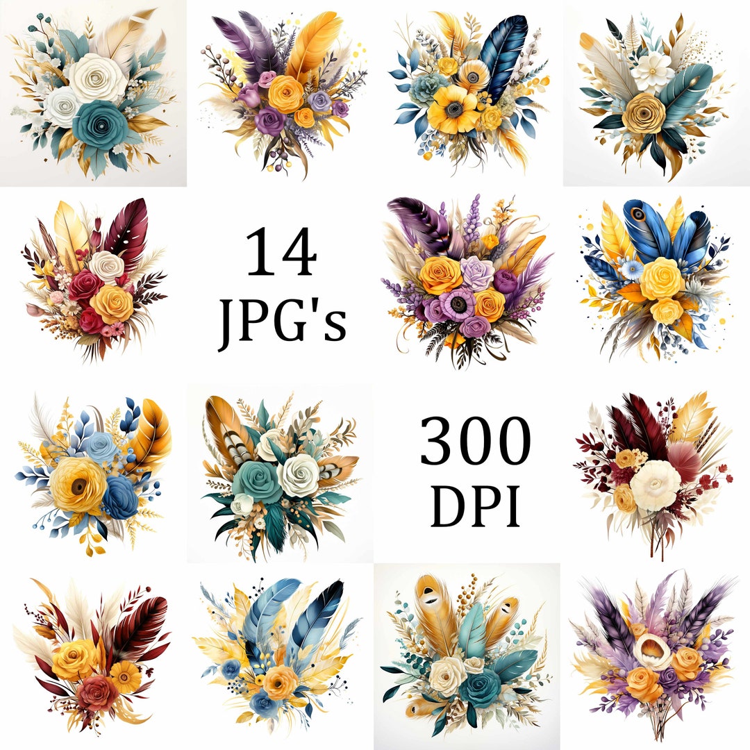 14 Boho Feather Flower Bouquet Clipart Bundle, High-quality JPG, Card ...