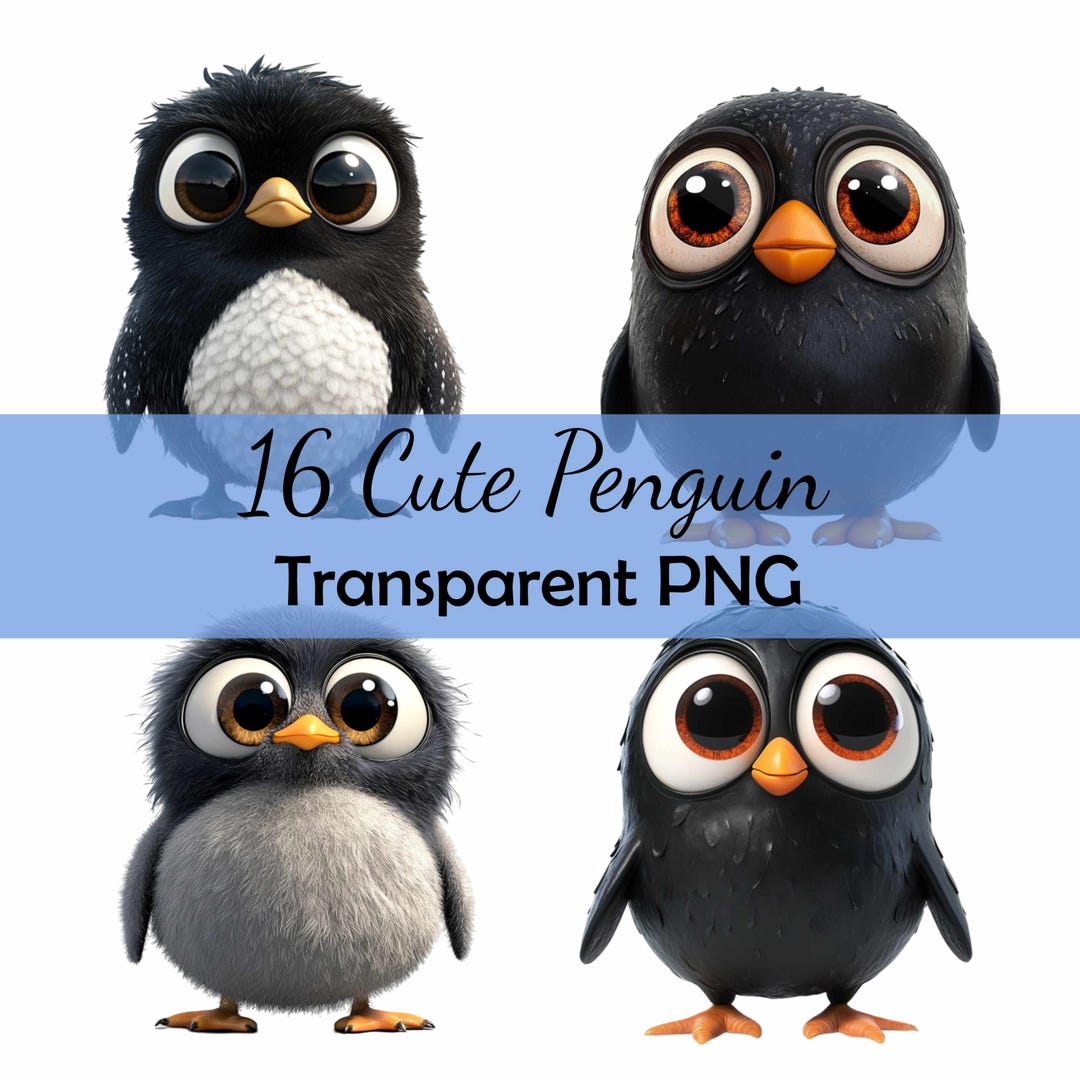 16 Cute Penguin Big Eyes Folk Art Clipart Bundle Transparent PNG ...