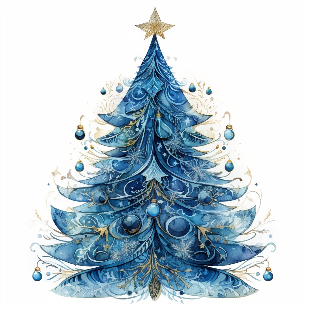 14 Boho Blue Christmas Tree Clipart Bundle, High-quality JPG, Card ...