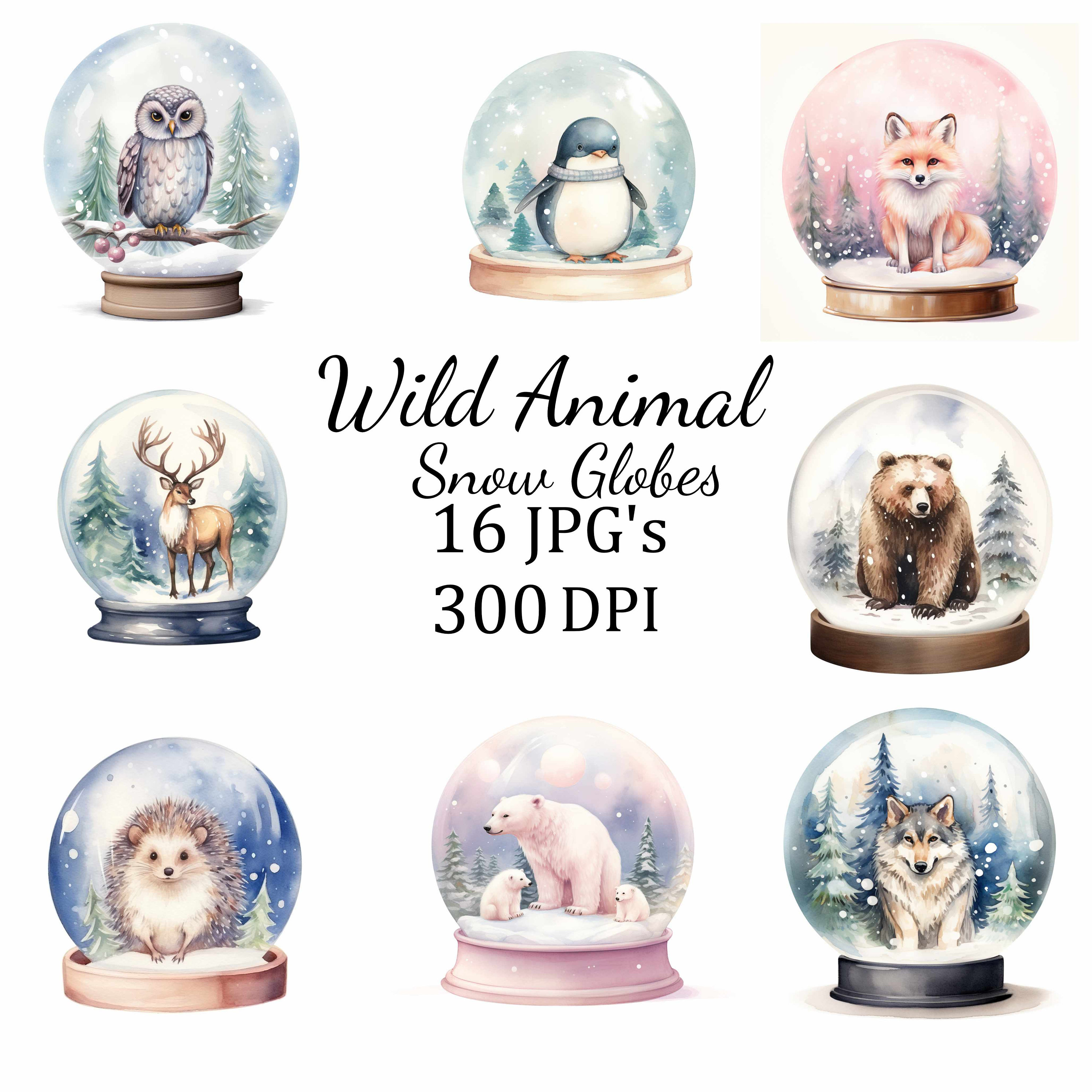 16 Wild Animal Snow Globes Clipart Bundle, JPG, Card Making, Clip Art ...