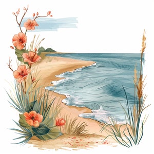 Beach With Flowers Waves Clipart Bundle, 16 High-quality JPG, Craft Art ...