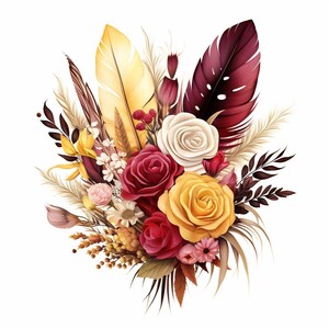14 Boho Feather Flower Bouquet Clipart Bundle, High-quality JPG, Card ...