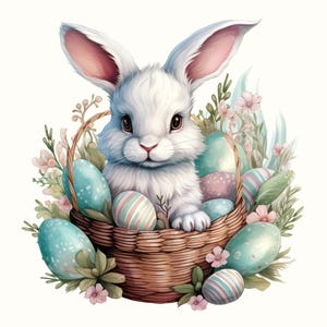 15 Bunny in Easter Basket W Easter Eggs Clipart Bundle High-quality JPG ...