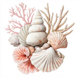 Folk Art Pastel Coral Sea Shells Clipart Bundle 12 Transparent PNG ...