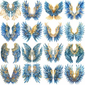 Blue and Gold Angel Wings Clipart Bundle, 16 High-quality JPG, Craft ...