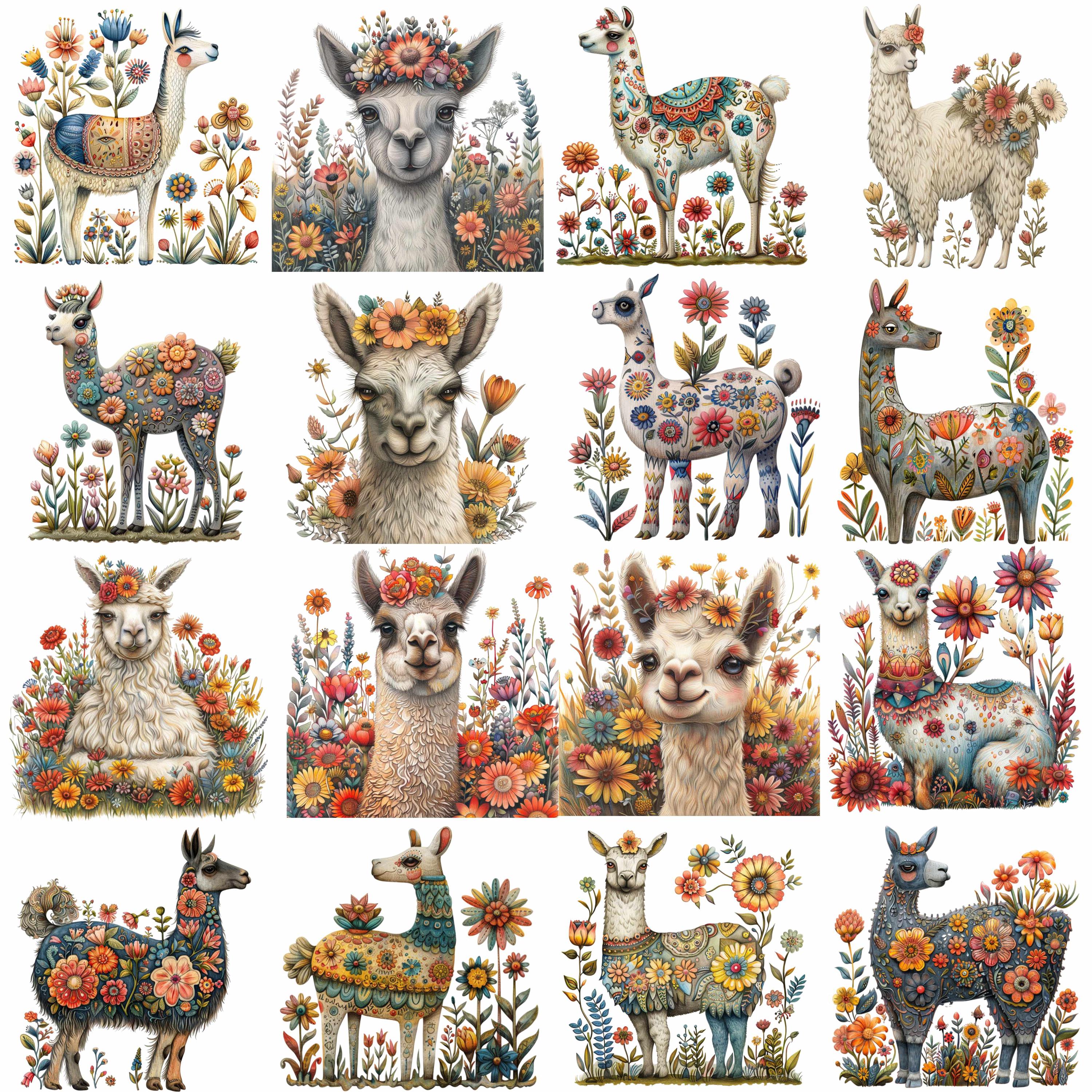 16 Llama With Folk Art Flowers Clipart Bundle, 16 High-quality JPG ...