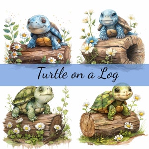 16 Cute Turtle on a Log With Flowers Clipart Bundle, High-quality JPG ...