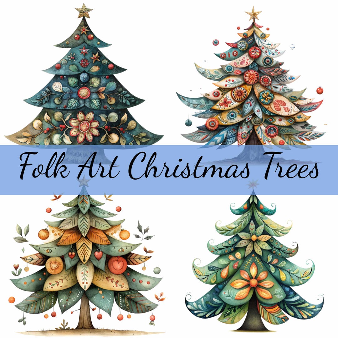 16 Folk Art Christmas Tree Clipart Bundle, 16 High-quality JPG, Craft ...