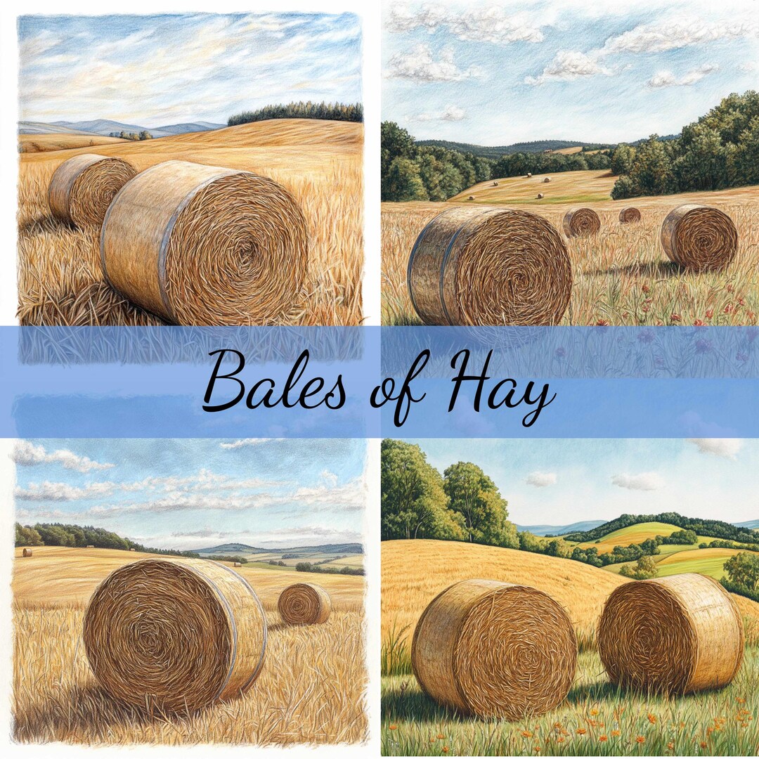 Hay Bales in Field W Flowers Clipart Bundle, 16 High-quality JPG, Card ...
