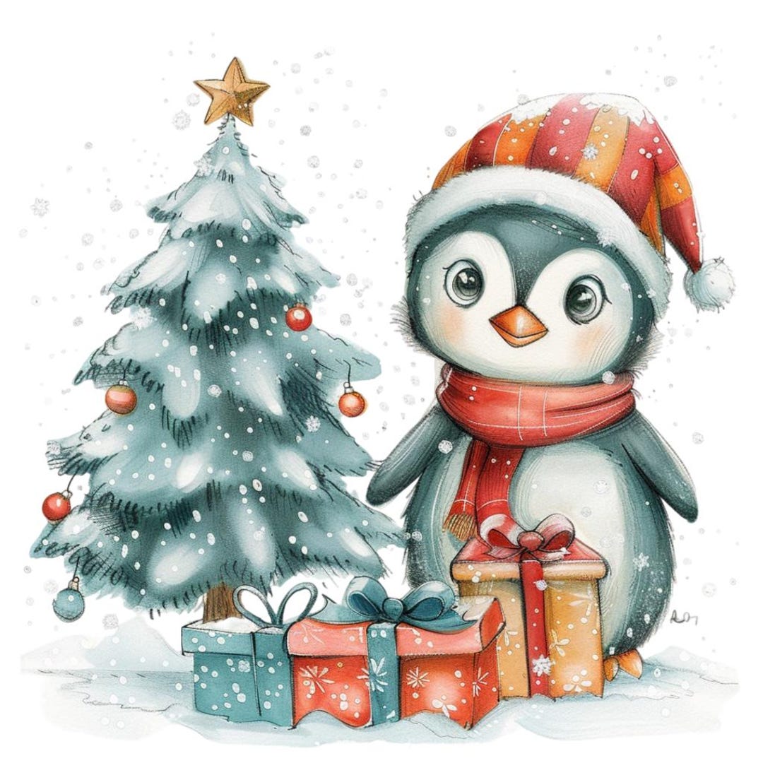 Christmas Penguin and Tree Clipart Bundle, 12 High-quality JPG, Craft ...