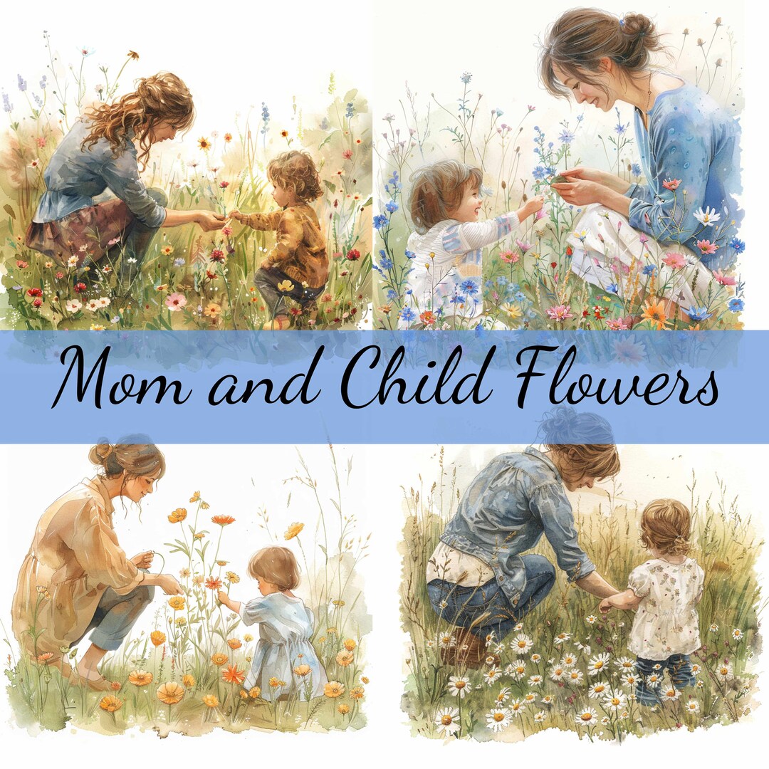 15 Mother and Child in Flower Field Clipart Bundle, 15 High-quality JPG ...