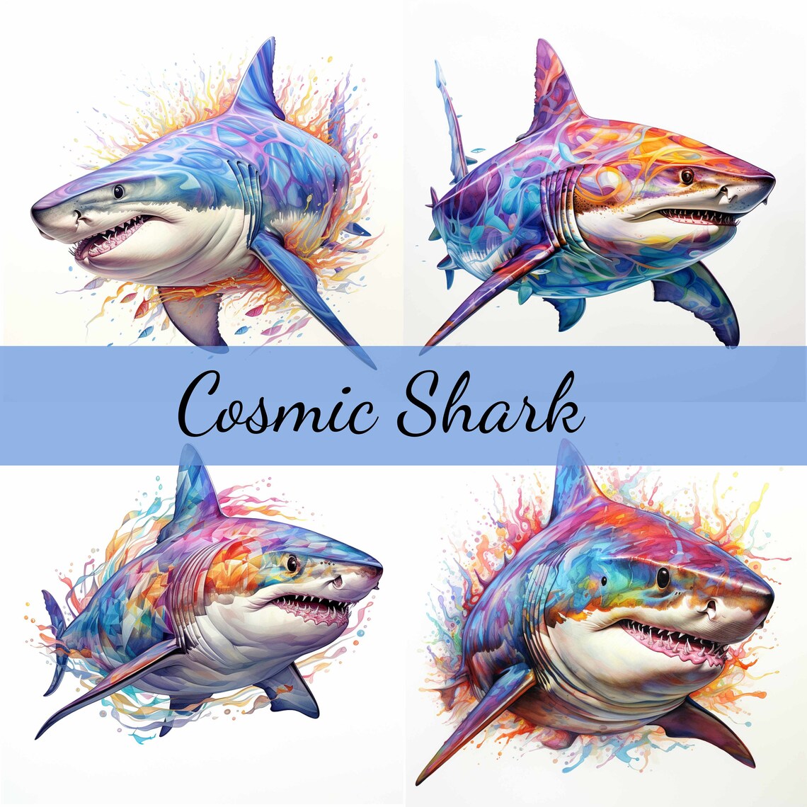 Cosmic Shark Clipart Bundle, High-quality JPG, Craft Art, Card Making ...