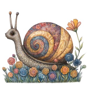 10 Folk Art Snail in Flowers Clipart Bundle, 10 Transparent PNG ...