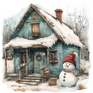 16 Winter Farm House With Snowman Clipart Bundle, 16 High-quality JPG ...