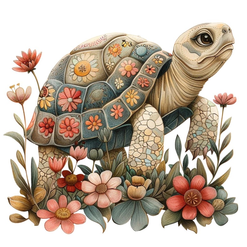16 Folk Art Turtle W Flowers Clipart Bundle, 16 High-quality JPG, Craft ...