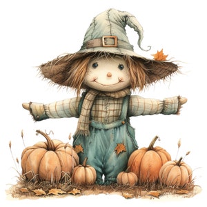 Cute Scarecrow With Pumpkins Clipart Bundle, 16 High-quality JPG, Craft ...