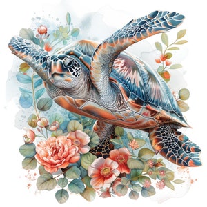 Floral Sea Turtle Flowers Clipart Bundle, 16 High-quality JPG, Craft ...