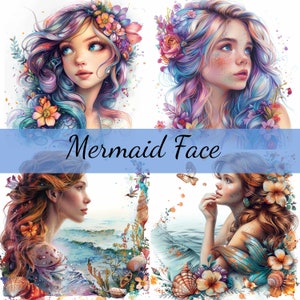 10 Mermaid Portrait Face Clipart Bundle, 10 High-quality JPG, Craft Art ...