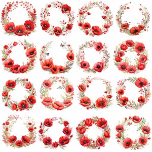 Red Poppy Flower Wreaths Clipart Bundle, High-quality JPG, Craft Art ...