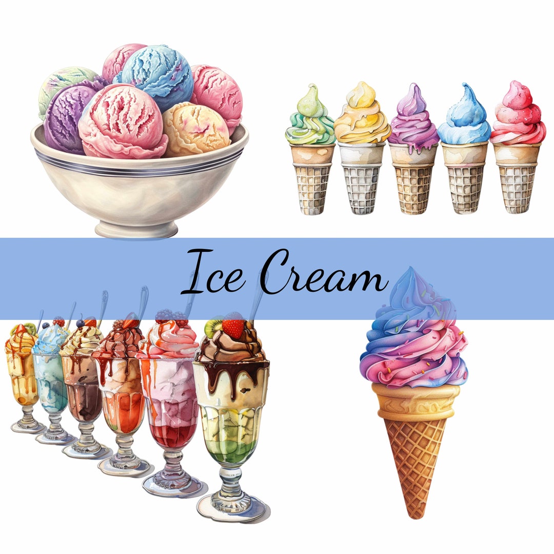 16 Colorful Ice Cream Cones Sundaes Bowls Clipart Bundle, High-quality ...