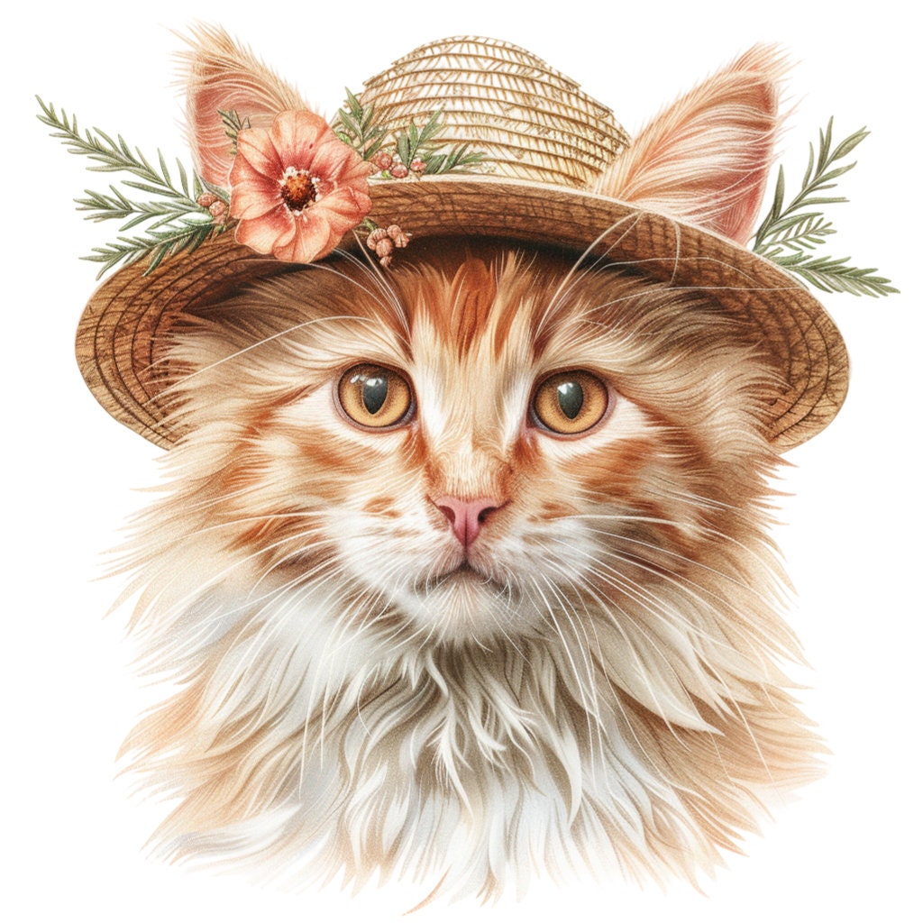 Cat With Straw Hat and Flowers Clipart Bundle, 16 High-quality JPG ...