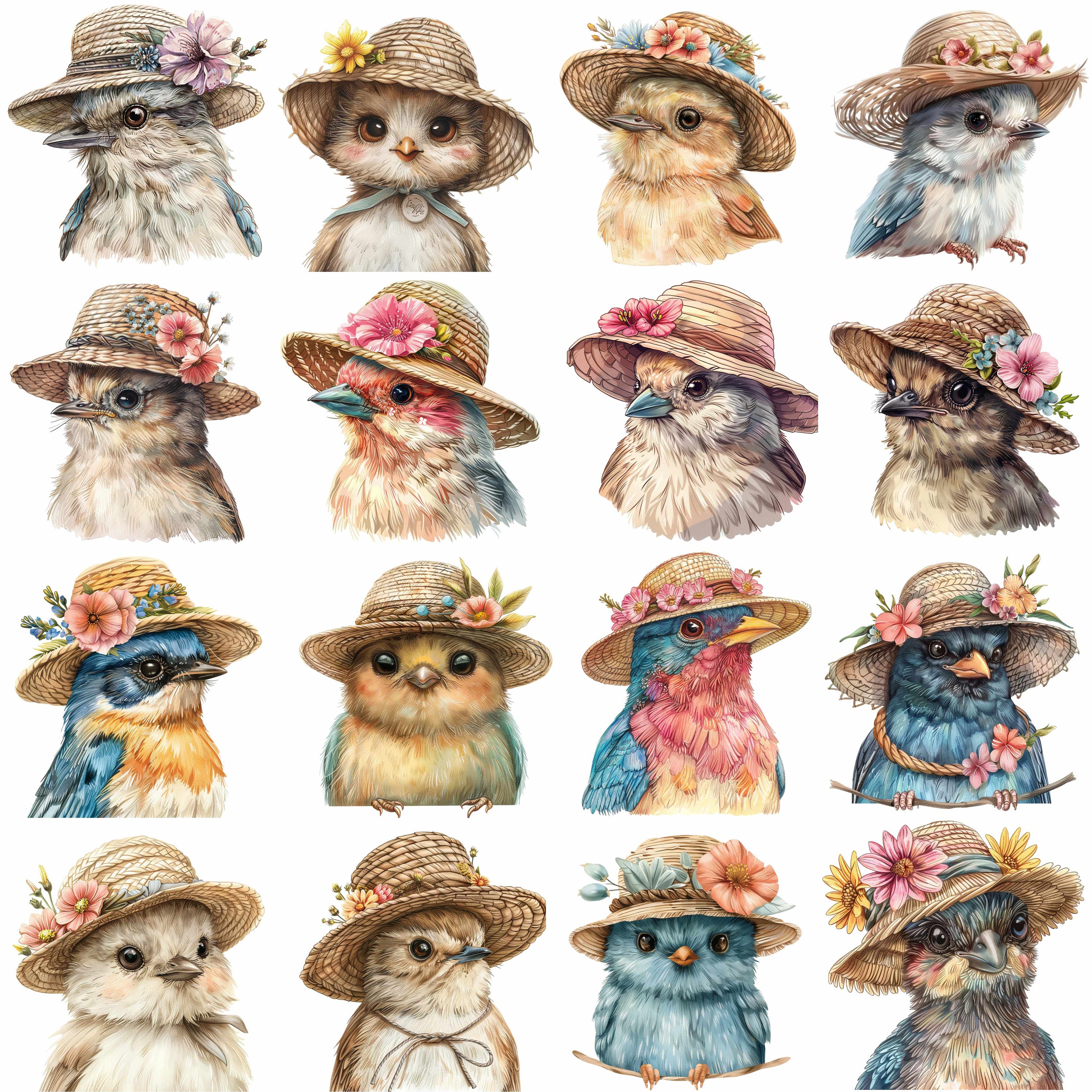 Bird With Straw Hat and Flowers Clipart Bundle, 16 High-quality JPG ...