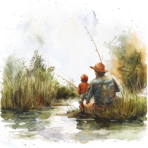 Dad and Son Fishing on a Lake Pond Clipart Bundle, 15 High-quality JPG ...