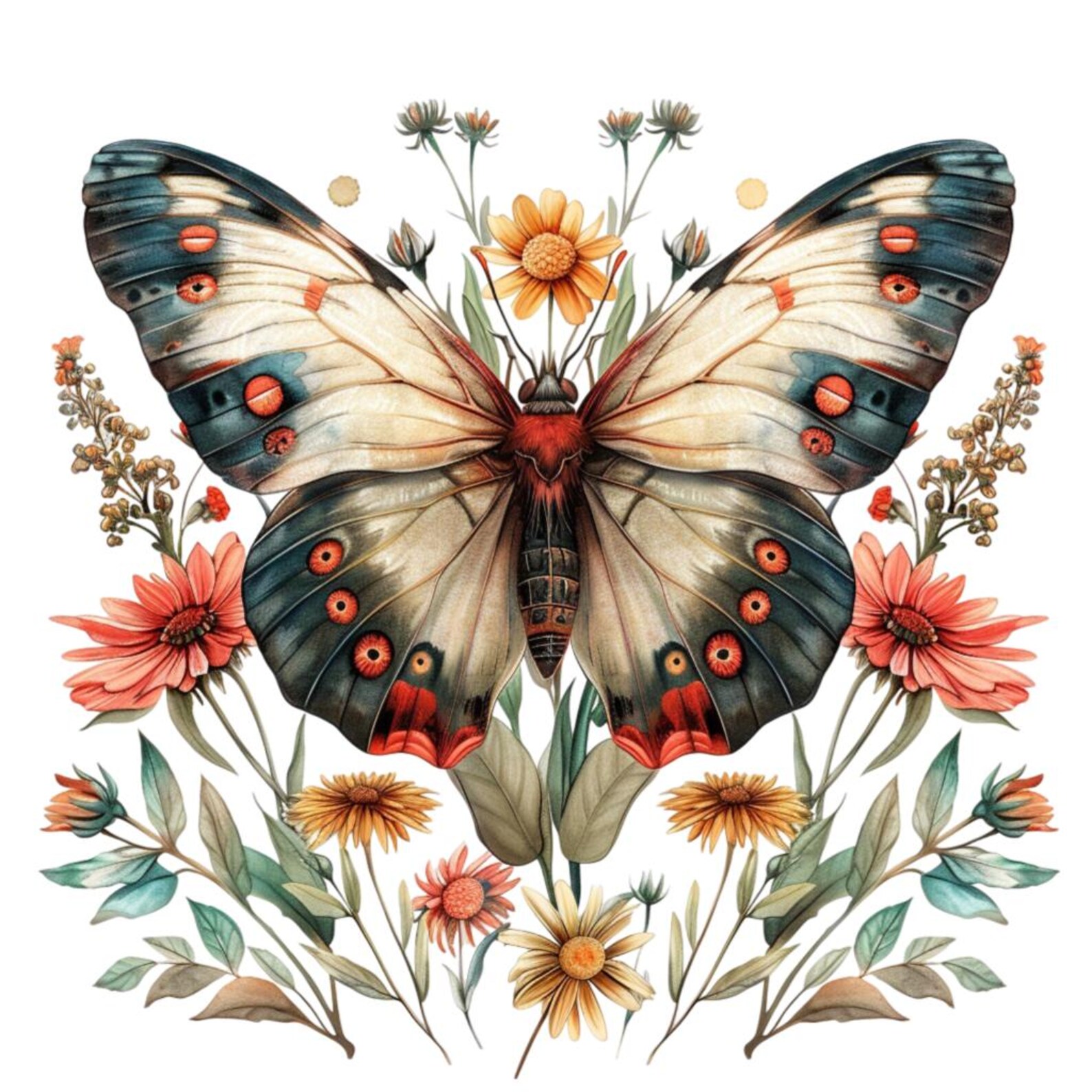 15 Butterfly and Flower Folk Art Clipart Bundle, 15 High-quality JPG ...