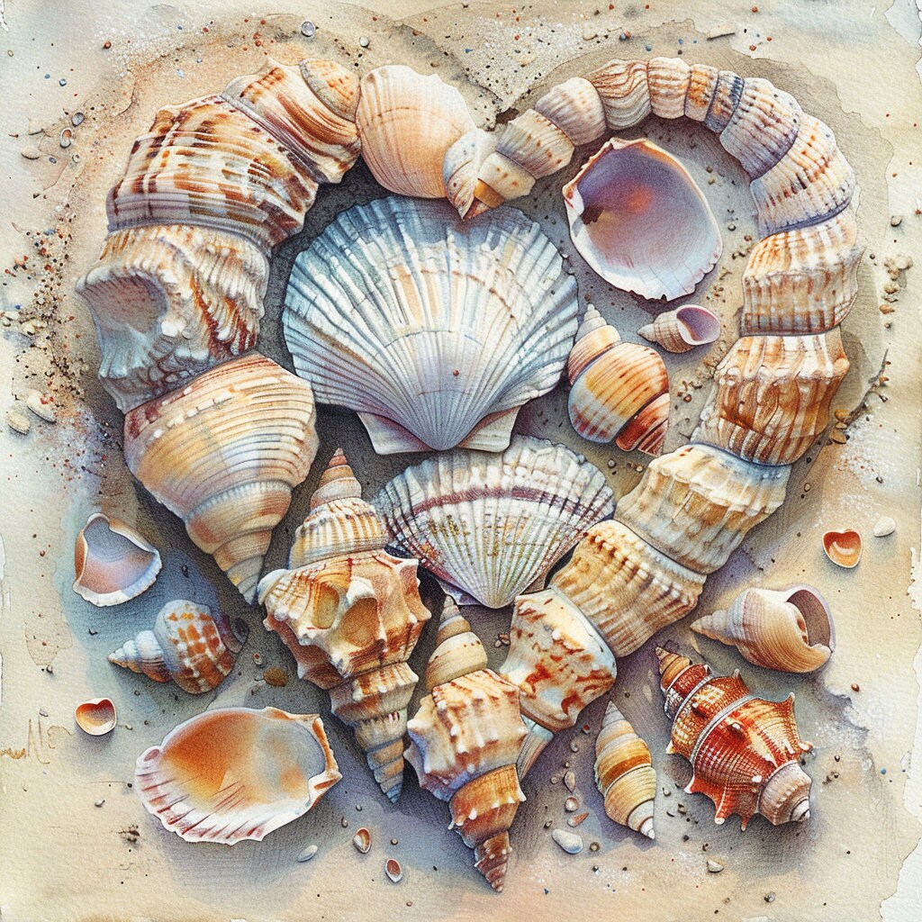 16 Shell Hearts on the Beach Clipart Bundle, 16 High-quality JPG, Craft ...