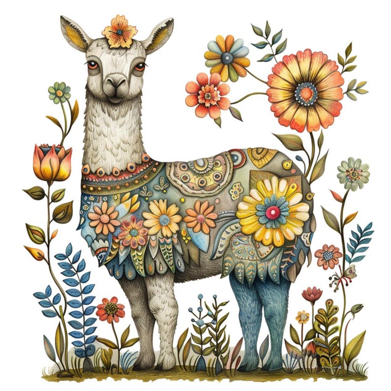 16 Llama With Folk Art Flowers Clipart Bundle, 16 High-quality JPG ...