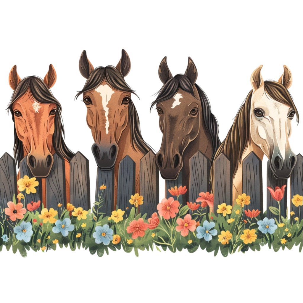 16 Cute Horses on a Farm Fence Clipart Bundle, 16 High-quality JPG ...
