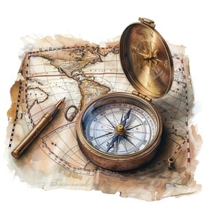 Compass and Map Clipart Bundle, 15 High-quality JPG, Craft Art, Card ...