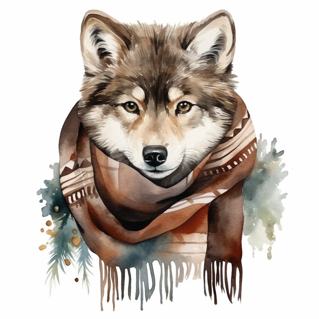 16 Boho Wolf With Scarf Clipart Bundle, High-quality JPG, Nursery Art ...