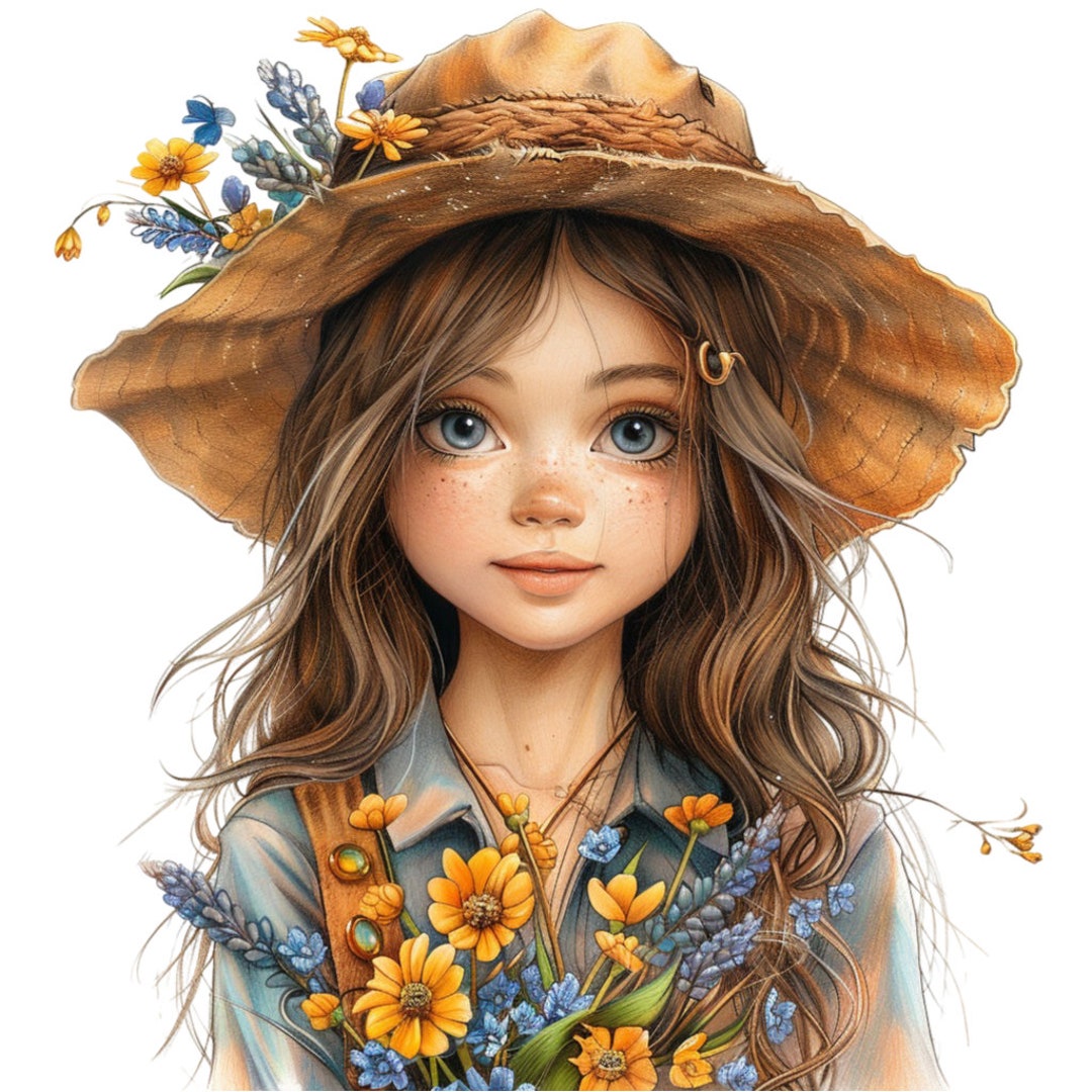 Boho Girl Holding Flowers Clipart Bundle, 16 High-quality JPG, Craft ...
