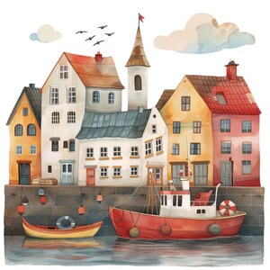 16 Folk Art Harbor Boats Houses Clipart Bundle, 16 High-quality JPG ...