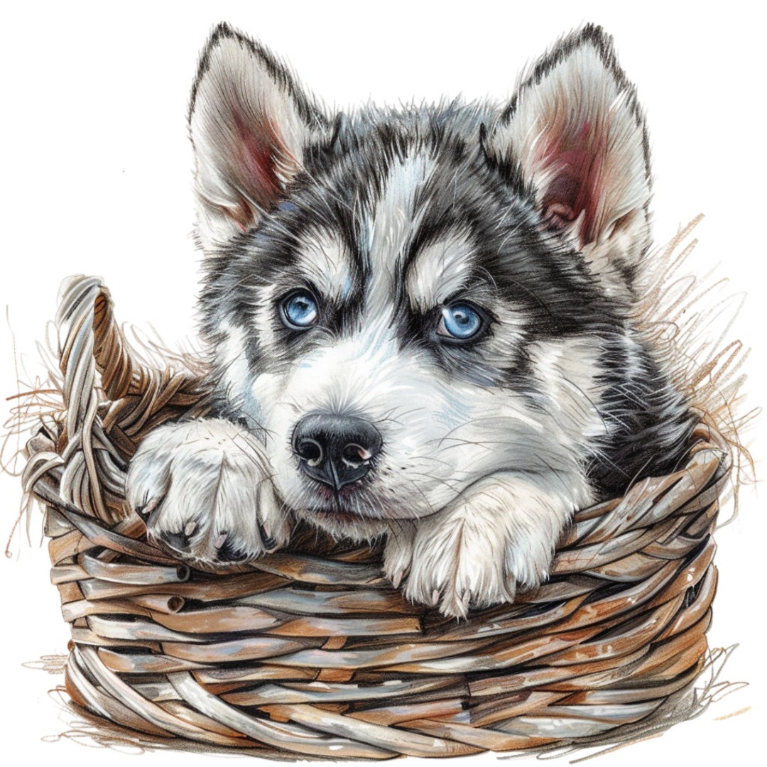Cute Husky Dog in a Basket Clipart Bundle, 16 High-quality JPG, Craft ...