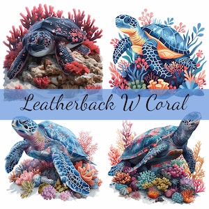 Leatherback Sea Turtle in Coral Clipart Bundle, 12 High-quality JPG ...