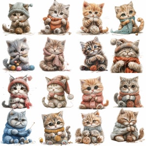 Cute Cat Knitting Yarn Clipart Bundle, 16 High-quality JPG, Craft Art ...