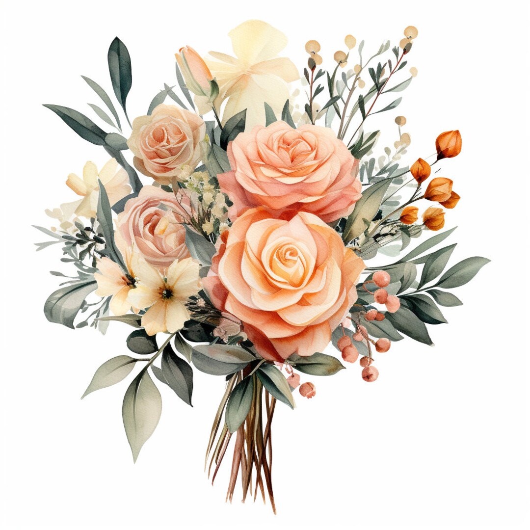 12 Peach Flower Wedding Bouquet Clipart Bundle, High-quality JPG, Craft ...