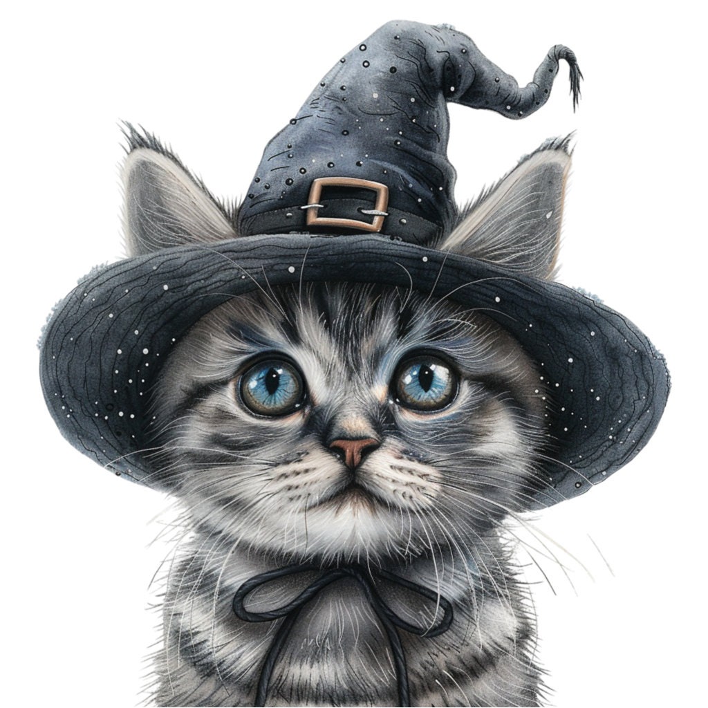 16 Cat With a Witch Hat Clipart Bundle, 16 High-quality JPG, Craft Art ...
